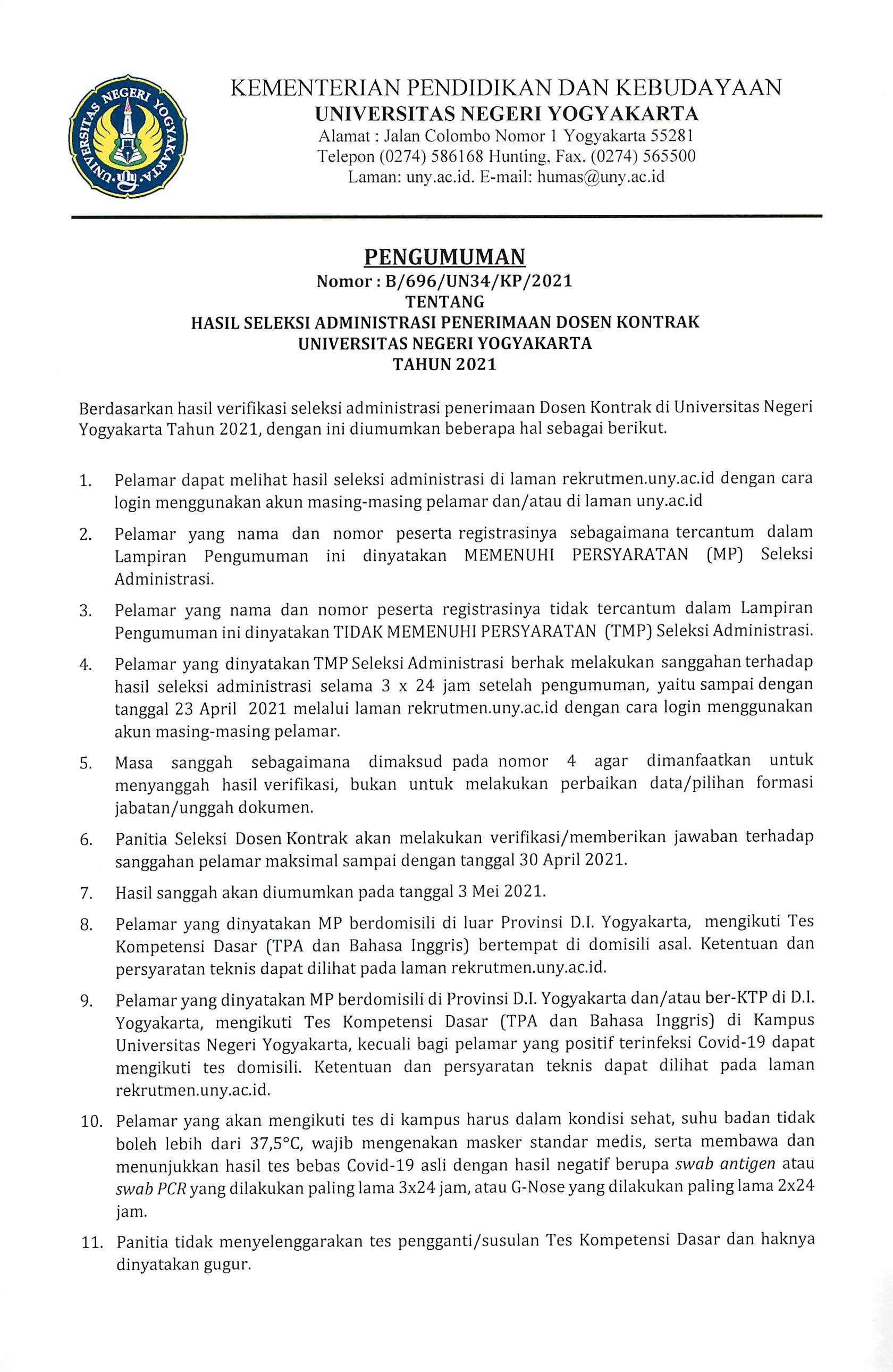 HASIL SELEKSI ADMINISTRASI PENERIMAAN DOSEN KONTRAK UNY TAHUN 2021 ... HASIL SELEKSI ADMINISTRASI PENERIMAAN DOSEN KONTRAK UNY TAHUN 2021 ...